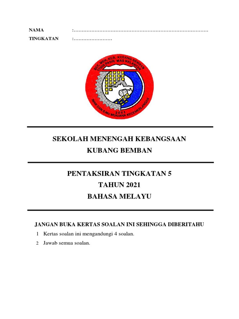 Soalan Pentaksiran BM Tingkatan5 Tahun 2021 | PDF
