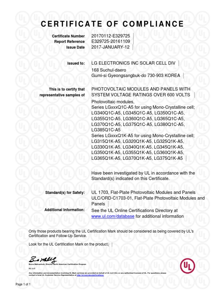 LG Solar Panel Certificate | PDF | Solar Panel | Photovoltaics