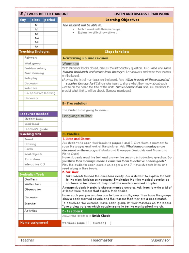 U1/ Two Is Better Than One Listen and Discuss + Pair Work: Day Class ...