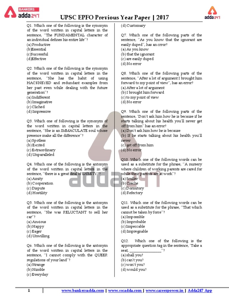 UPSC EPFO Previous Year Paper 2017 Questions PDF | PDF | Expense ...