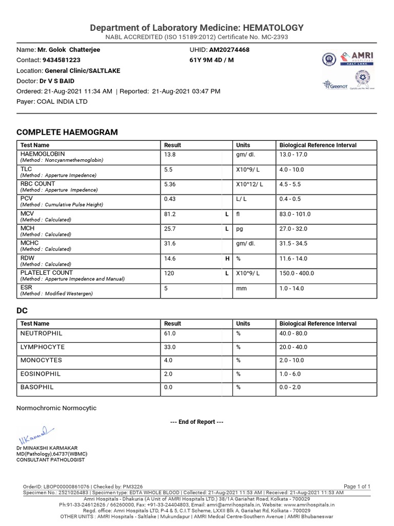 Department of Laboratory Medicine: HEMATOLOGY: Complete Haemogram | PDF ...