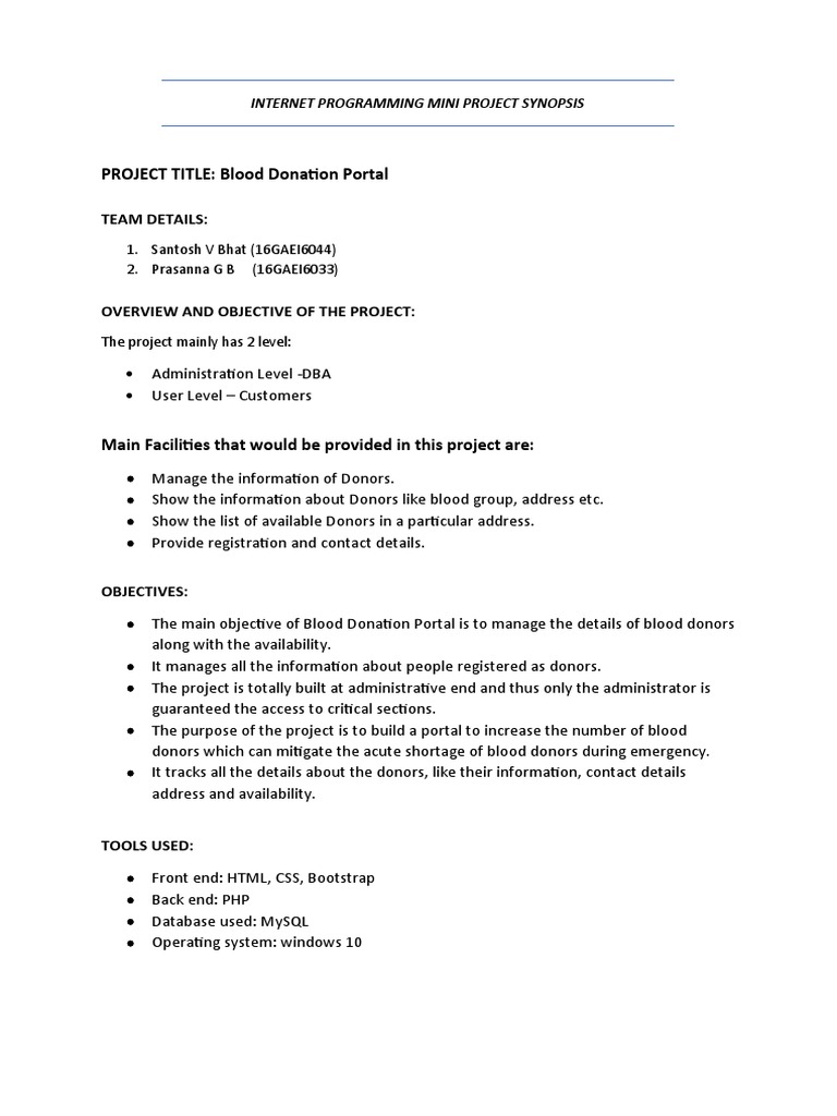 Internet Programming Mini Project Synopsis | PDF | Blood Donation | Software