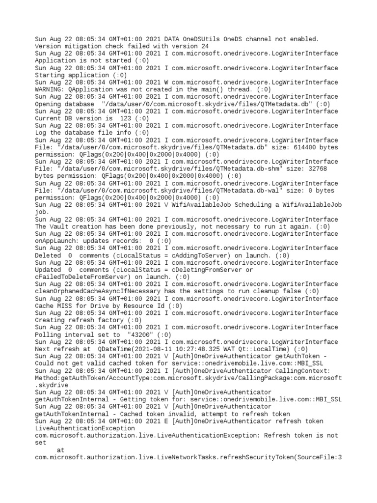 OneDrive Application Log Documenting Authentication Errors During ...