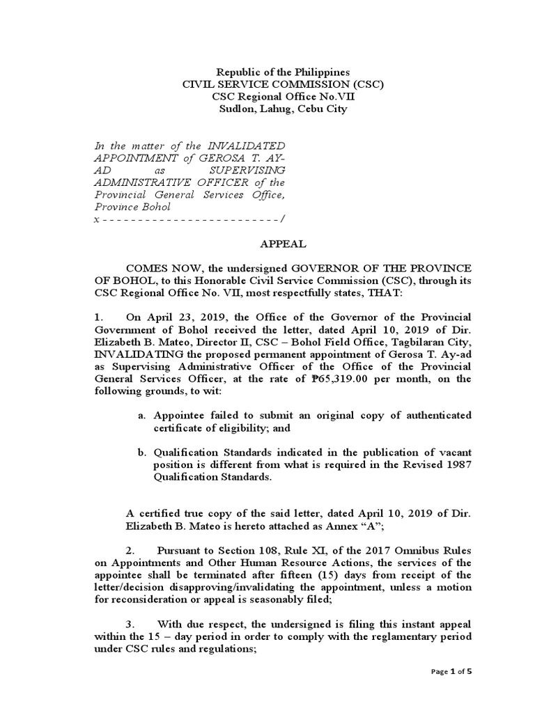 Appeal - CSC Invalidated Appointment - JJ Ay-Ad | PDF | Affidavit ...
