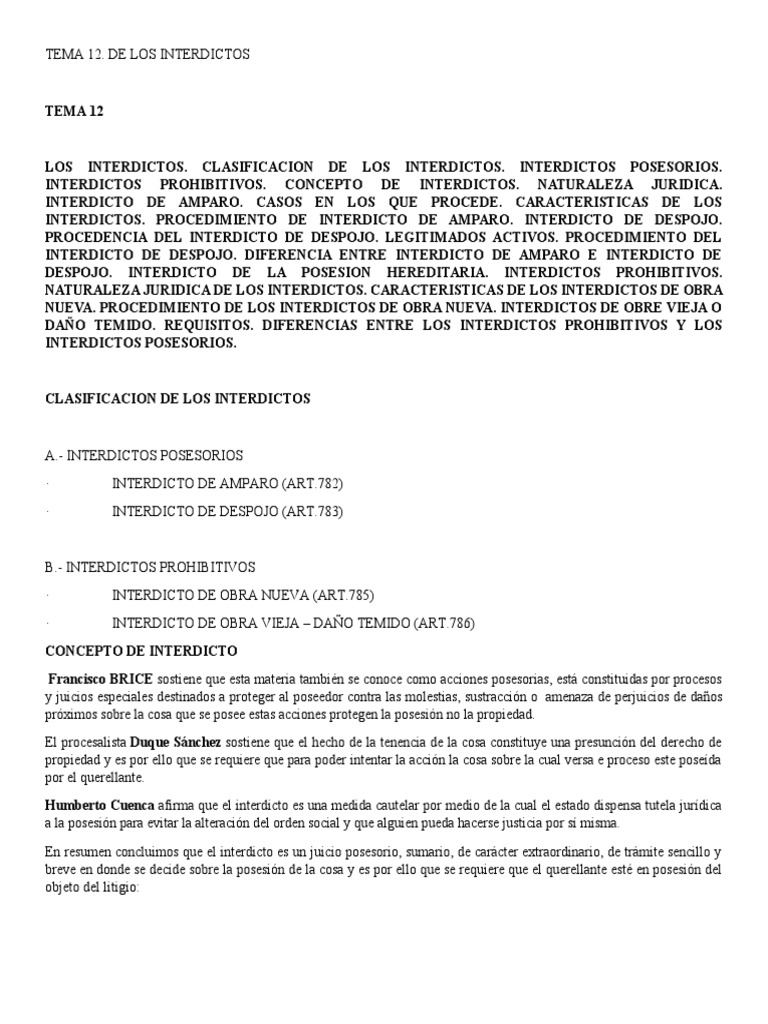 TEMA 12 Los Interdictos | PDF | Posesión (Ley) | Sentencia (ley)