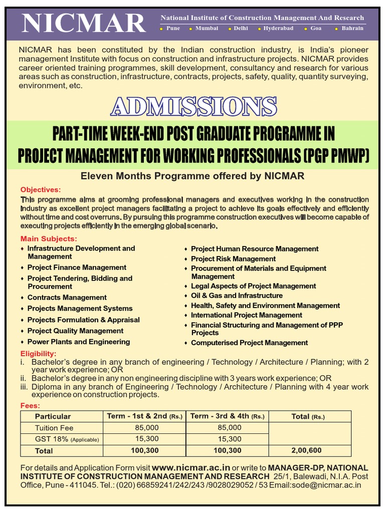 Nicmar: Part-Time Week-End Post Graduate Programme in Project ...