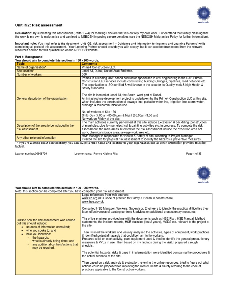 Unit IG2: Risk Assessment: Declaration: by Submitting This Assessment ...