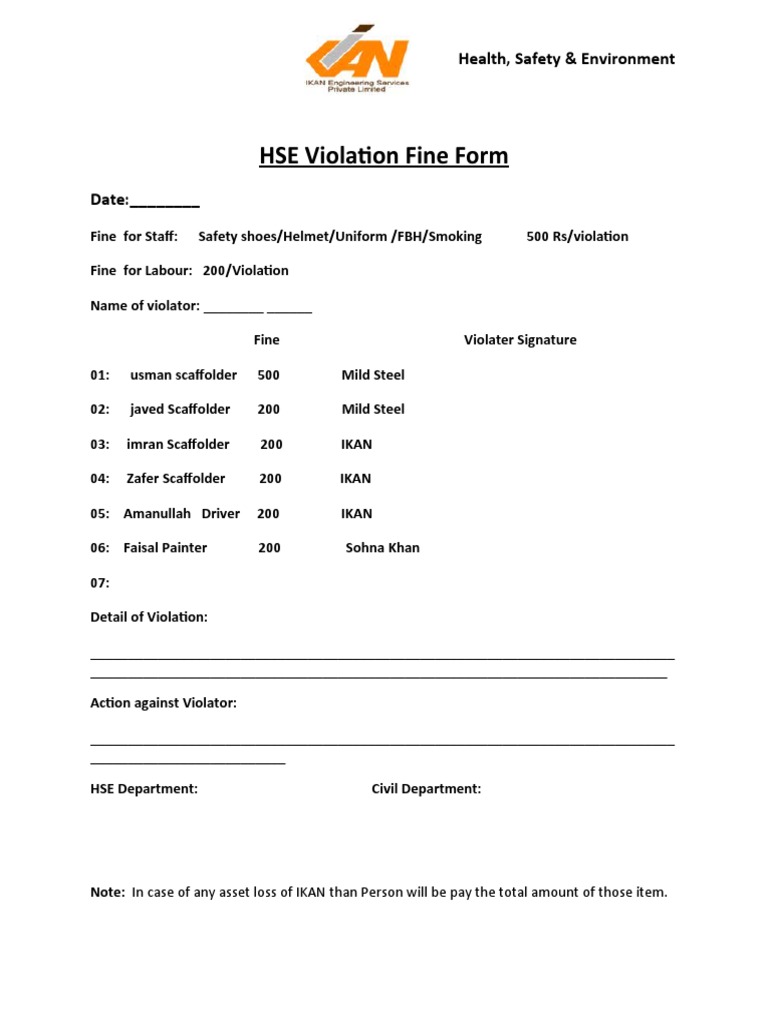 HSE Violation Fine Form | PDF | Finance & Money Management