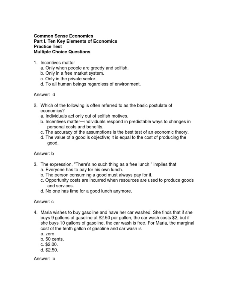 Common Sense Economics Part I. Ten Key Elements of Economics Practice ...