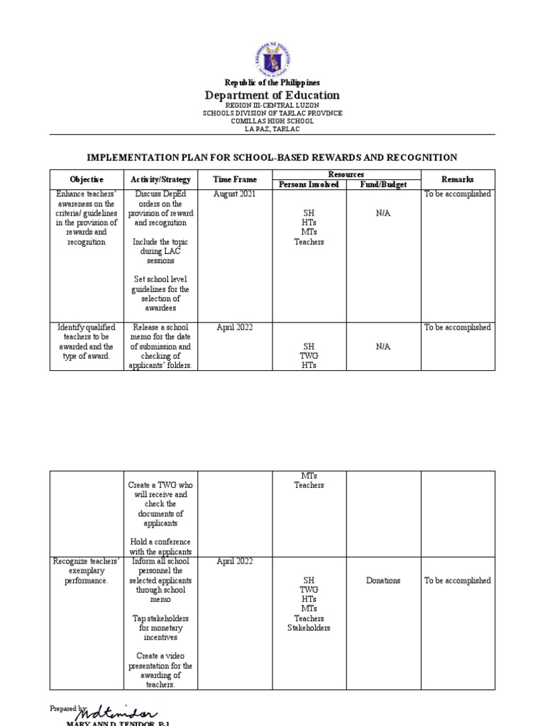 Department of Education: Implementation Plan For School-Based Rewards ...