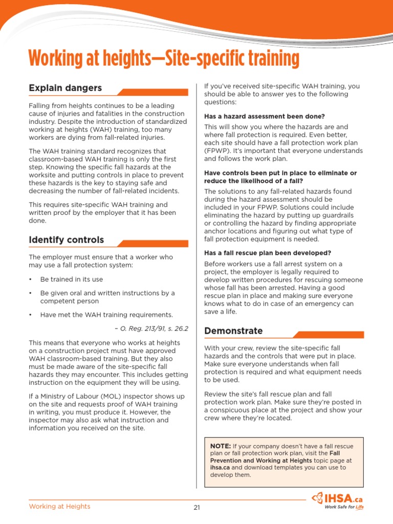 Working at Heights-Site-Specific Training: Explain Dangers | PDF ...