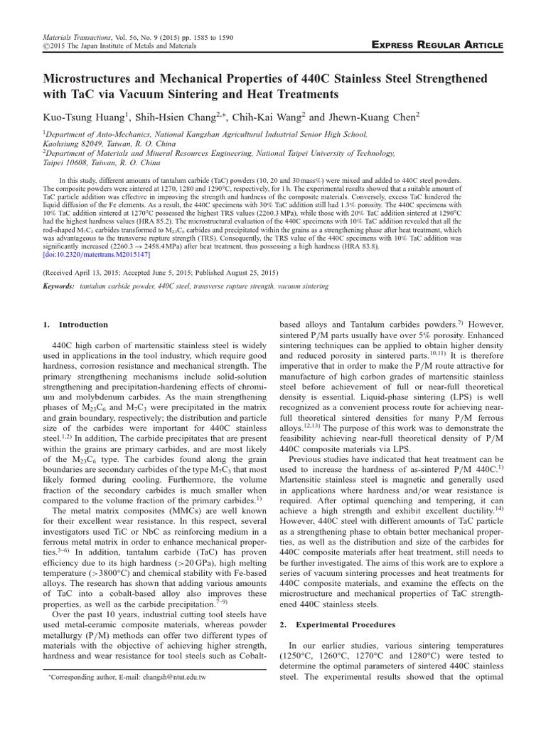 Microstructures and Mechanical Properties of 440C Stainless Steel ...