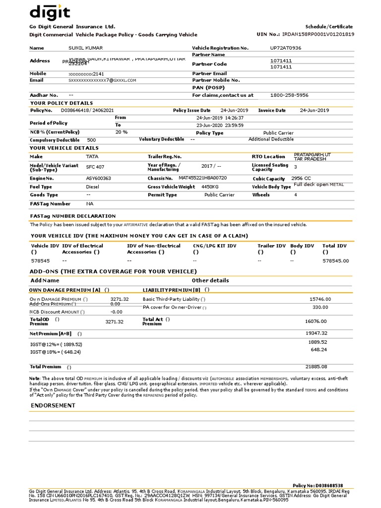 Digit Commercial Vehicle Package Policy - Goods Carrying Vehicle UIN No ...