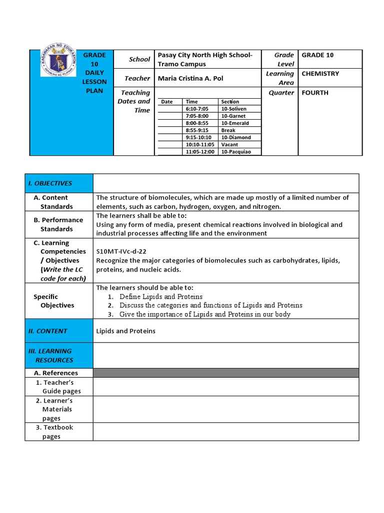 Daily Lesson Plan in Science 10-Lipids-and-Proteins | PDF | Lipid | Fat