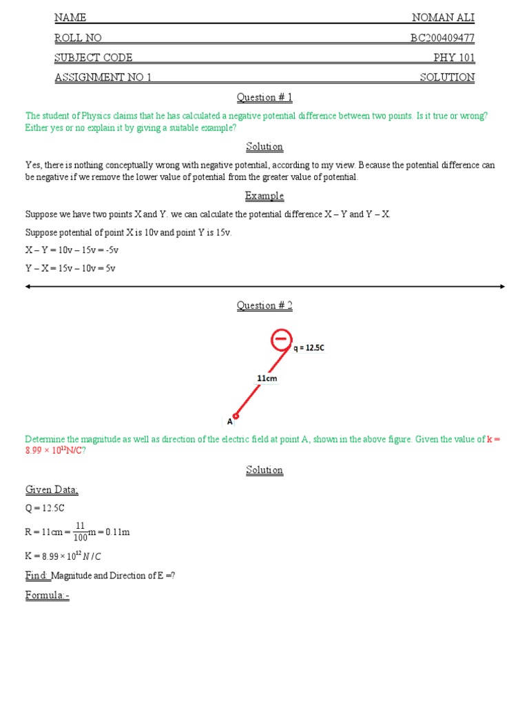 Phy 101 Ass 1 | PDF | Electric Field | Voltage