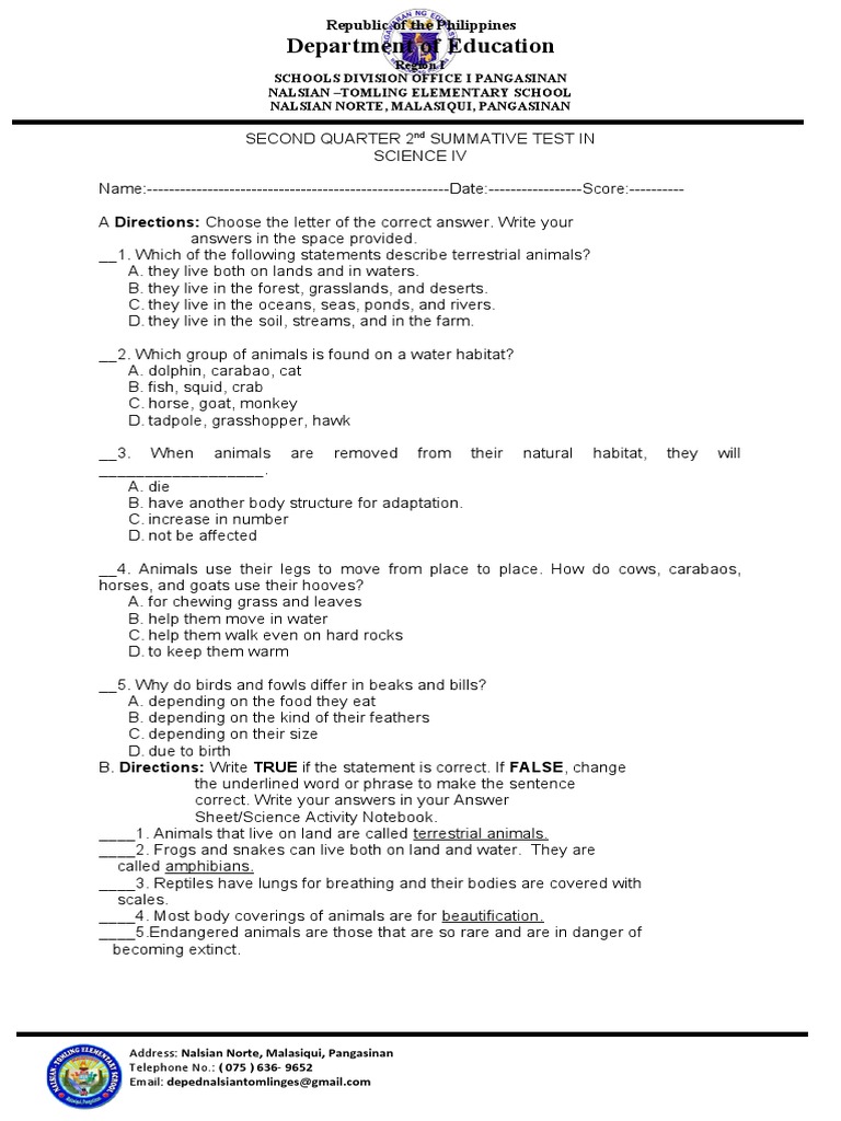 Summative Test No. 2 Science | PDF | Organisms | Biology