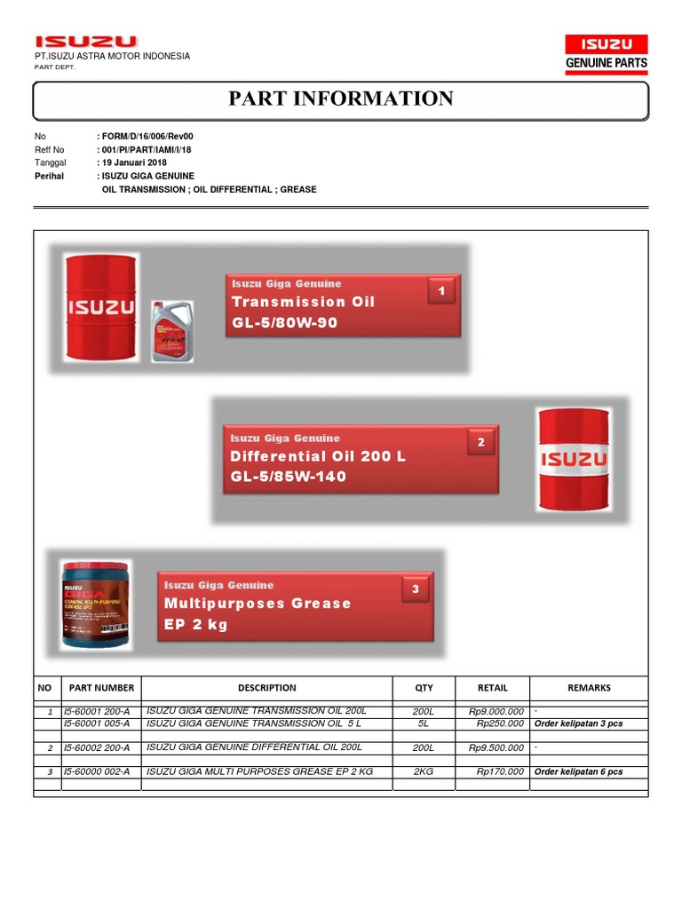 PI - 001 Isuzu Giga Genuine Oil | PDF