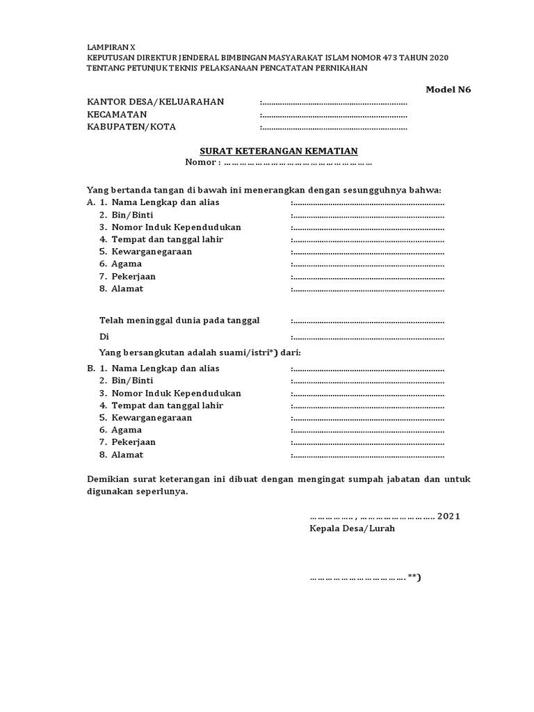 Model N6 (Surat Keterangan Kematian) 2020 | PDF