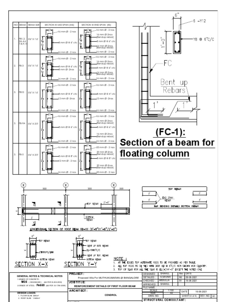 MUTHUKUMARAN VILLA - FIRST FLOOR BEAM Layout & Details - (R0) - 07-06-2021-4 OF 4 | PDF ...