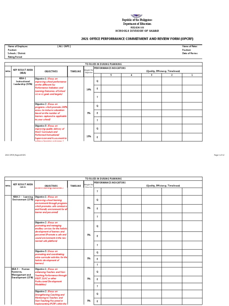 2021 Office Performance Commitment and Review Form (Opcrf) | PDF ...