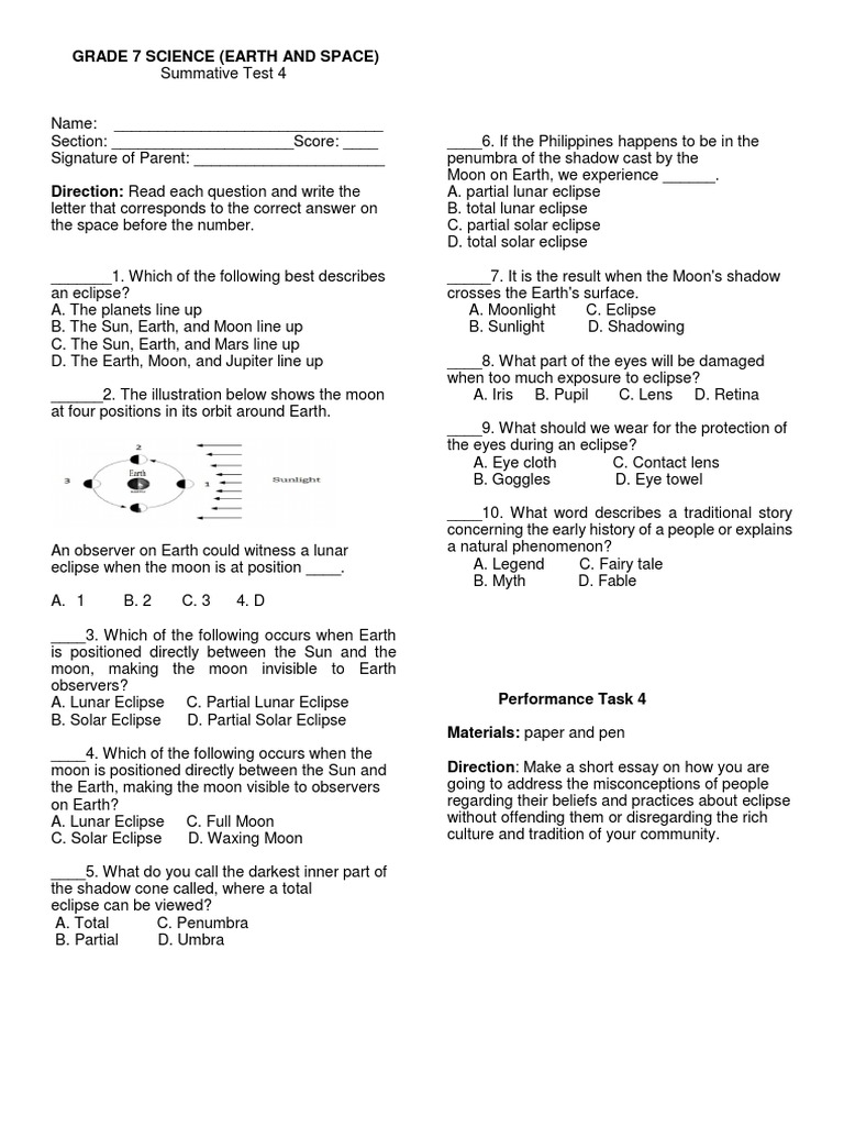 Grade 7 Earth & Space Test | PDF | Eclipse | Solar Eclipse