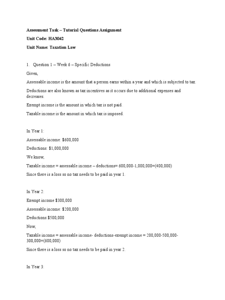 Assessment Task - Tutorial Questions Assignment Unit Code: HA3042 Unit Name: Taxation Law | PDF ...