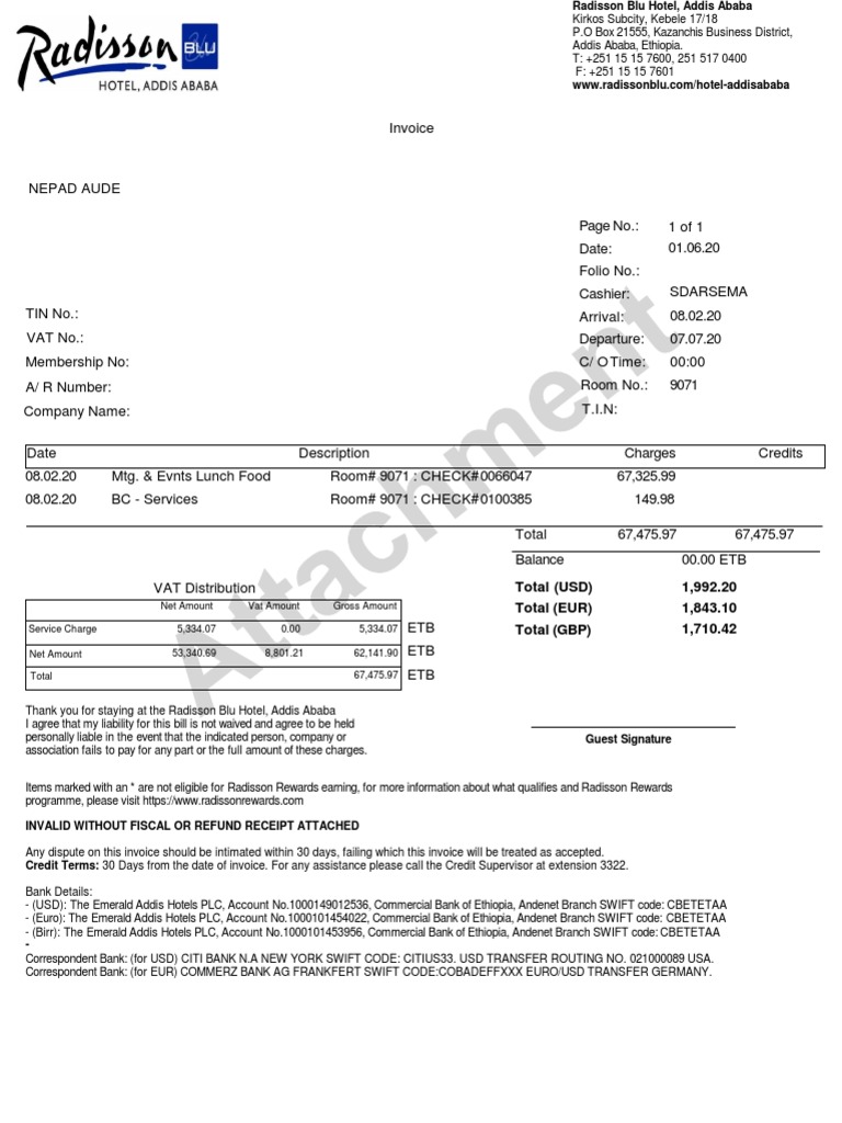 Radisson Blu Hotel Invoice Details | PDF | Invoice | Value Added Tax