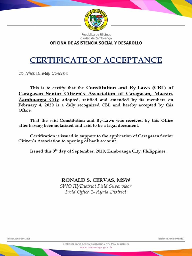 Certification of Acceptance - Senior Citizen | PDF