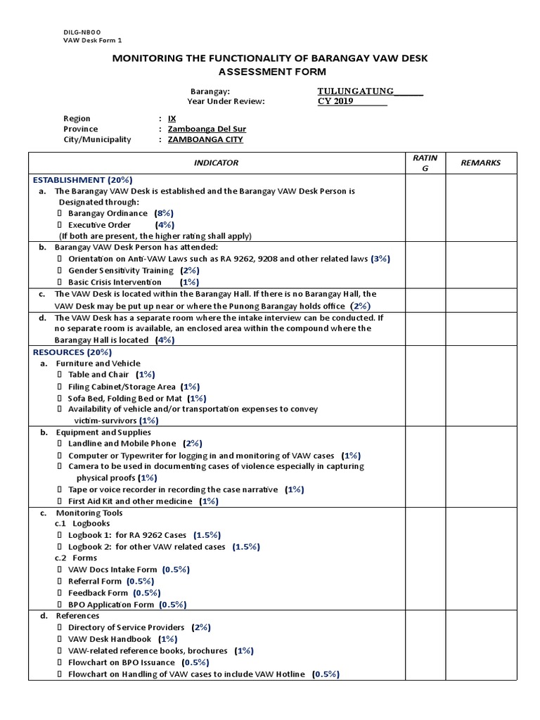 Monitoring The Functionality of Barangay Vaw Desk: Assessment Form | PDF | Desk