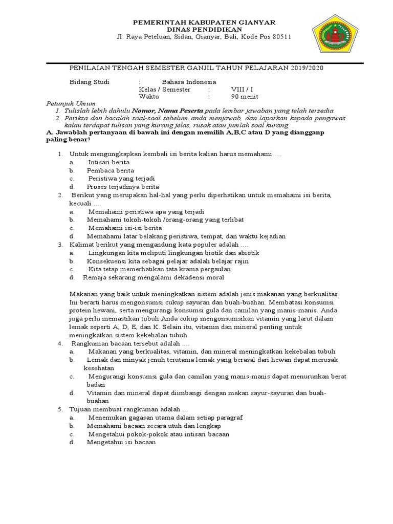 Soal Pas Kelas 8 Ganjil | PDF