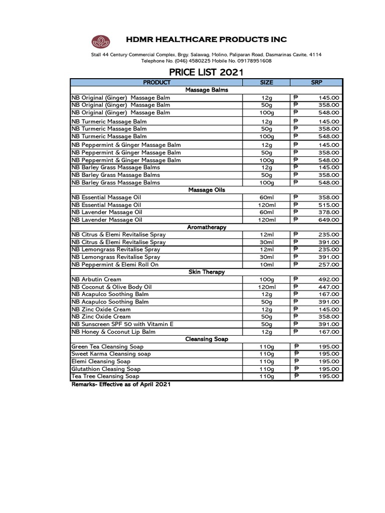 HDMR - Consignment - Price List 2021 | PDF | Sunscreen