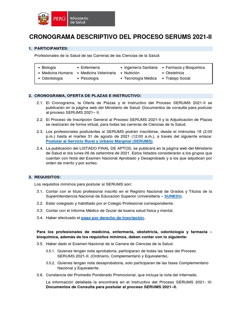 Cronograma Del Proceso SERUMS 2021 - II | PDF | Medicina | Cuidado de la salud