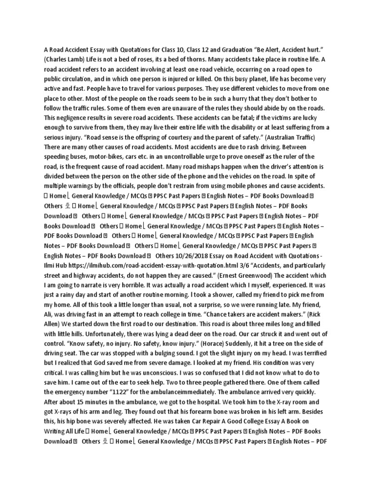 A Road Accident Essay With Quotations For Class 10 | PDF | Traffic ...
