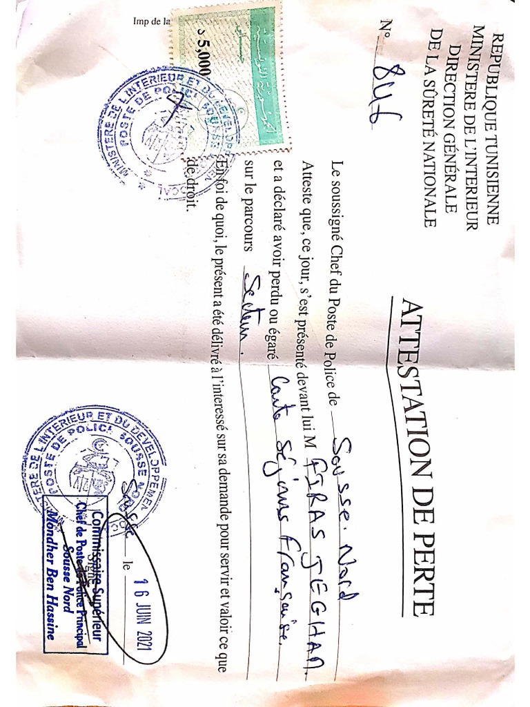 Attestation de Perte - Carte Séjour | PDF