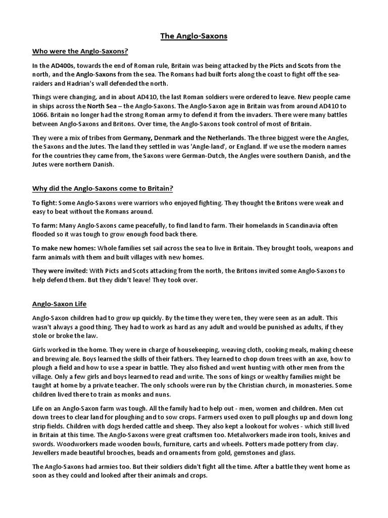 Anglo Saxon Information Sheet | PDF | Anglo Saxons | Roman Britain
