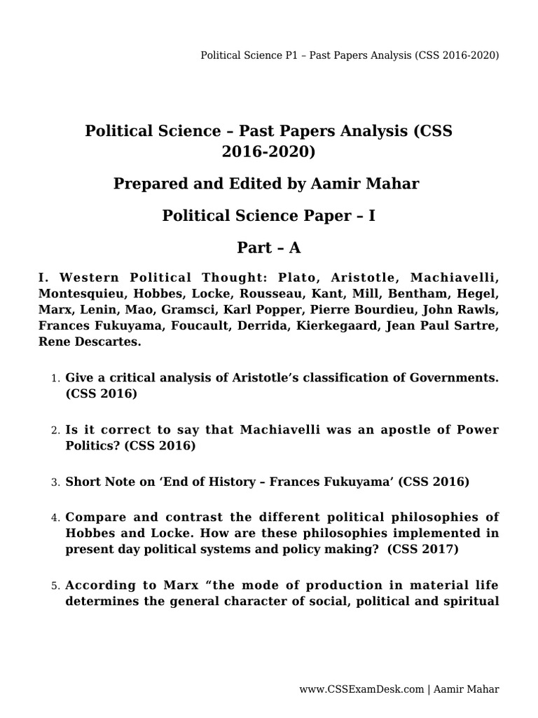 Political Science P1 – Past Papers Analysis (CSS 2016-2020) | PDF ...