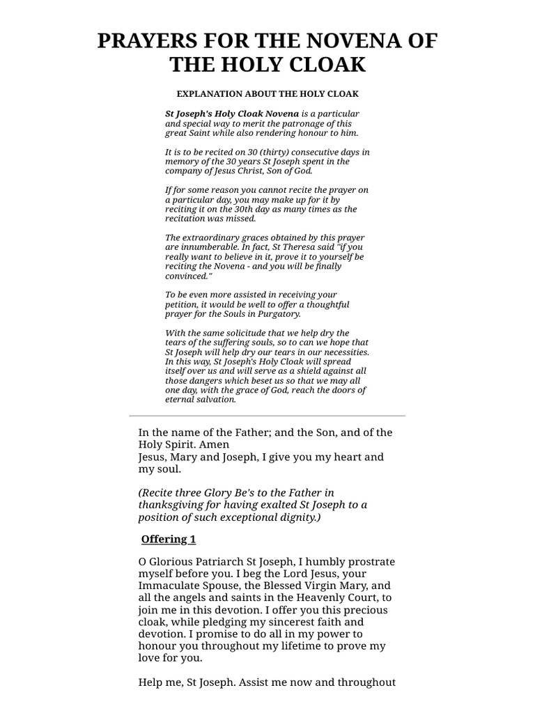 Novena To The Holy Cloak of St. Joseph | PDF | Mary, Mother Of Jesus | Saint Joseph