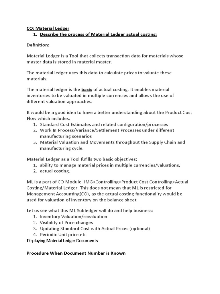 Definition:: CO: Material Ledger 1. Describe The Process of Material ...