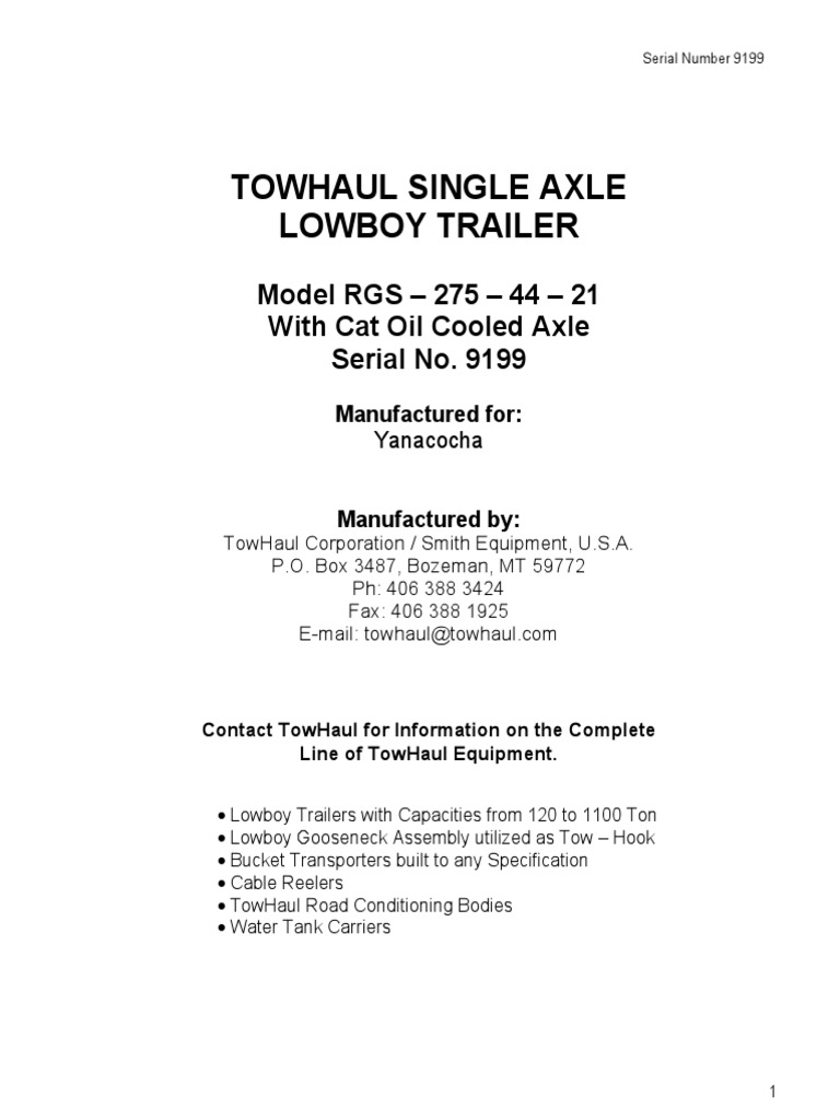 TowHaul Lowboy Trailer Specifications | PDF | Trailer (Vehicle) | Valve