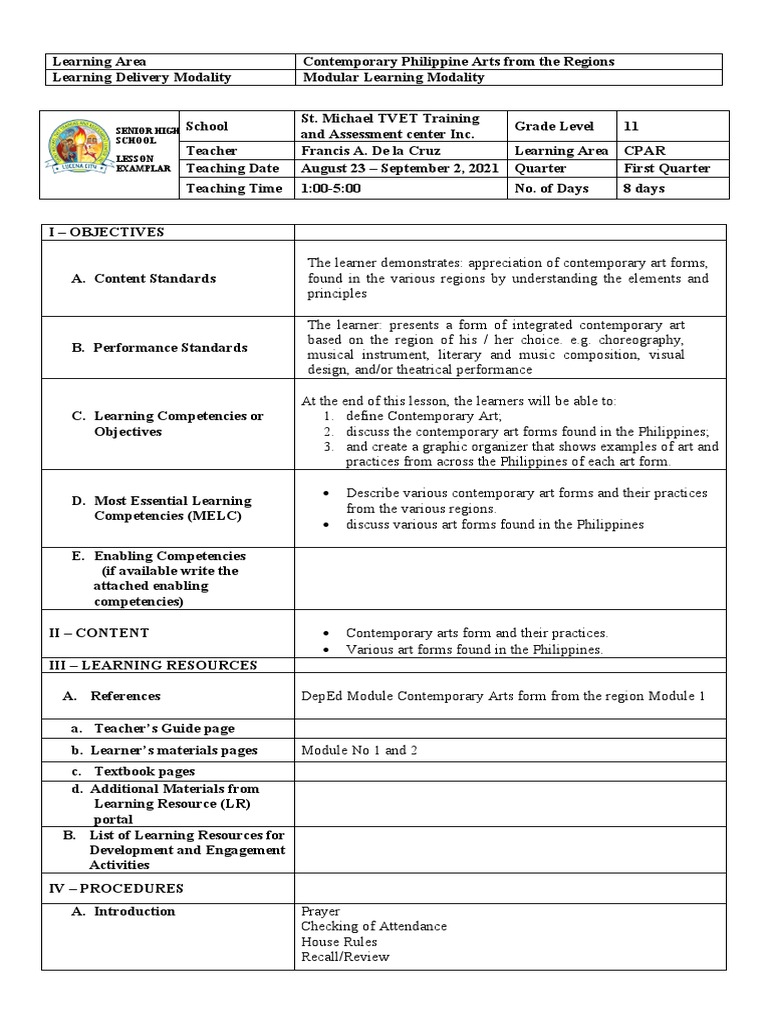 CPAR Lesson Exemplar Week 1-2 | PDF | Learning | Paper