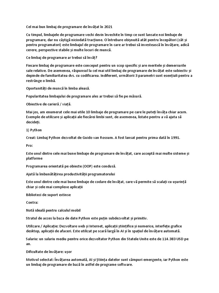 Cel Mai Bun Limbaj de Programare de Învățat În 2021 | PDF