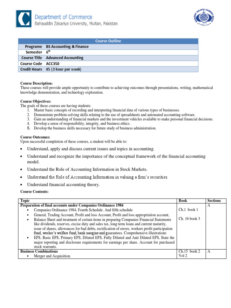 Programe BS Accounting & Finance Semester 6 Course Title Advanced ...
