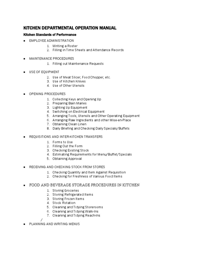 Kitchen Departmental Operation Manual | PDF | Foods | Kitchen