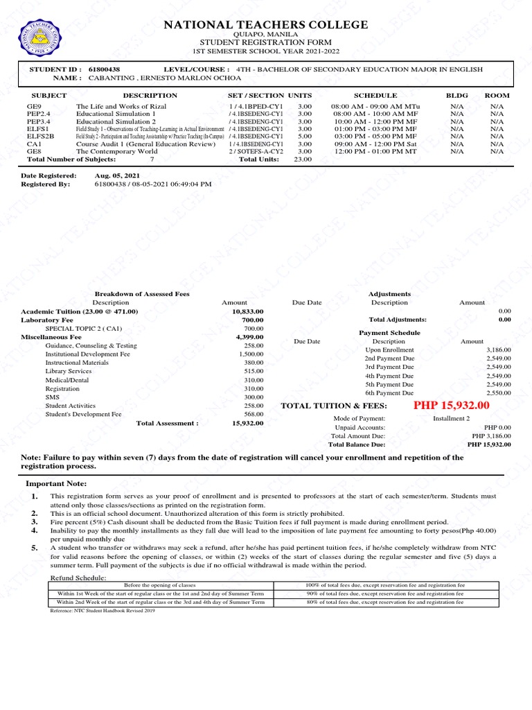 NTC Student Registration Form 2021-2022 | PDF | Fee | Payments