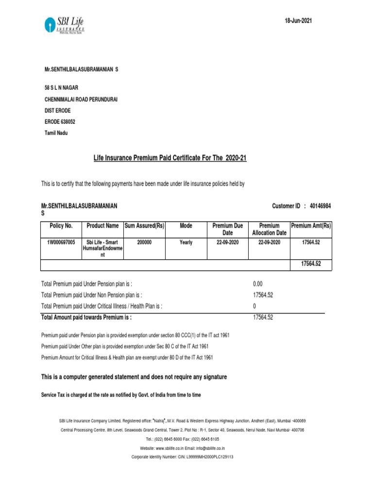 SBI Life Insurance Premium Paid Certificate | PDF | Insurance | Life ...