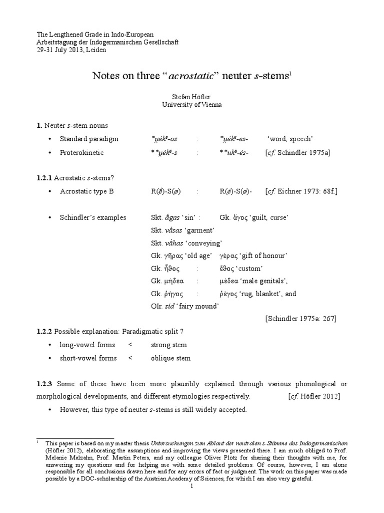 Acrostatic Neuter S-Stems in PIE | PDF | Language Mechanics | Syntax