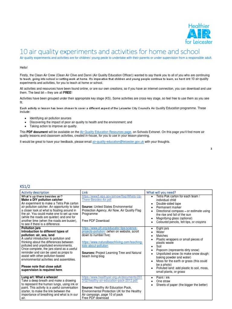 Air Quality Experiments and Activities For Home and School v6 | PDF ...