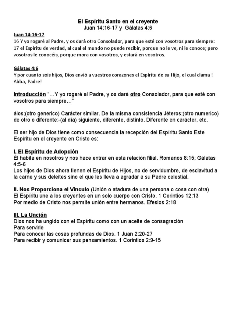 El Espíritu Santo en El Creyente (Bosquejo) | PDF | espíritu Santo | Cristo (título)