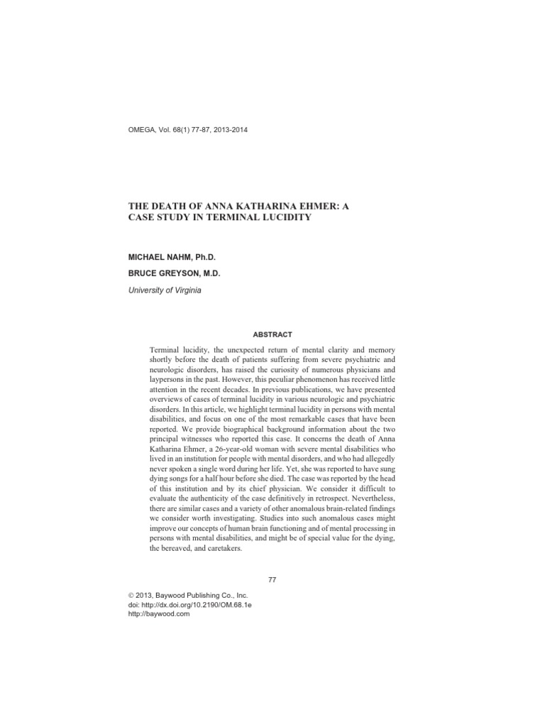 The Death of Anna Katharina Ehmer: A Case Study in Terminal Lucidity ...