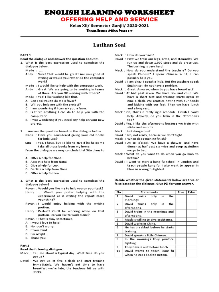 English Learning Worksheet: Offering Help and Service | PDF